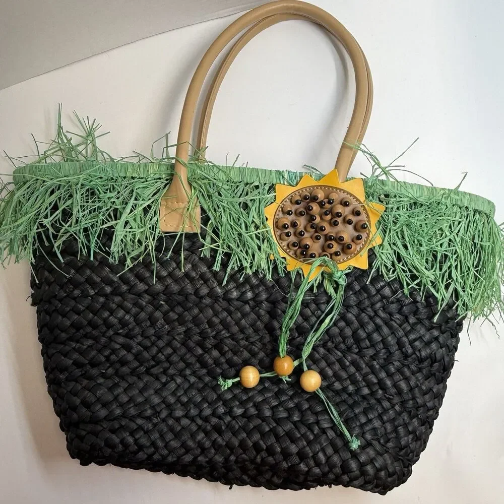 Michael Simon | Bags | Michael Simon Leather And Wood Flower Straw ...